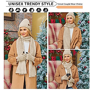 Womens Winter Knit Warm Hat Beanie+Long Scarf+Touch Screen Gloves Set Skull Caps Neck Scarves for Women Men