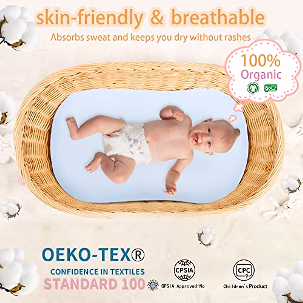 Pucmaoci Organic Waterproof Baby Lounger Covers 2 Pack| GOTS Certified 100% Cotton| Removable Cover with Waterproof Liner | Machine Washable and Dry (Cover only)（Blue & Green)