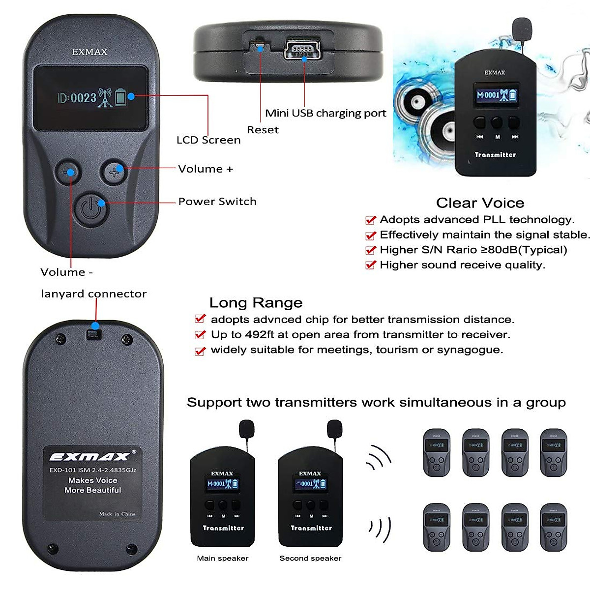 EXMAX EXD-101 2.4GHz Professional Wireless Tour Guide System with 9999 Available Channels to Work for the Reception of VIPs Visited the Factory,Seminars or Exhibitions(1 Transmitter & 4 Receivers)