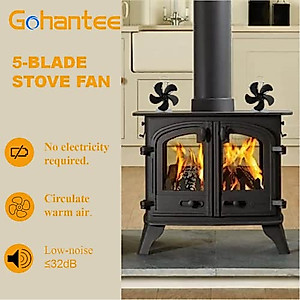 gohantee Fireplace Stove Fan 5-Blades, Silent Motors Heat Powered Stove Fan Circulates Warm/Heated Air Eco Stove Fan with Thermometer, for Gas/Pellet/Wood/Log Stoves