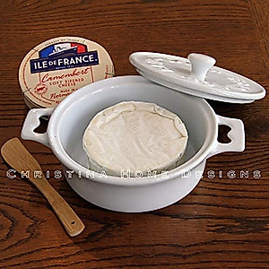 White Camembert Baker and Brie Baker with Cookbook. Brie Cooker comes with Spatula, Lid, Base and Cookbook. Brie Baking Dish is Microwave, Dishwasher and Oven Safe by Christina Home Designs.