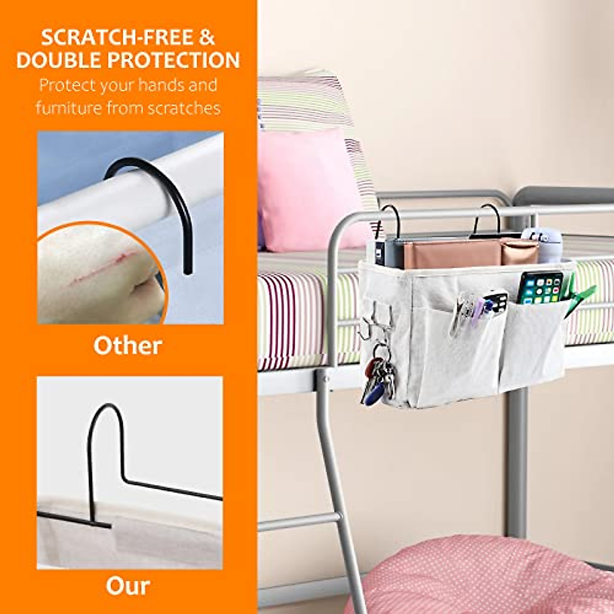 Surblue Bedside Caddy Bedside Storage Bag Hanging Organizer for Bunk, Hospital Beds, Dorm Rooms Bed Rails Camp 4 Pockets and 2 Hooks (White)