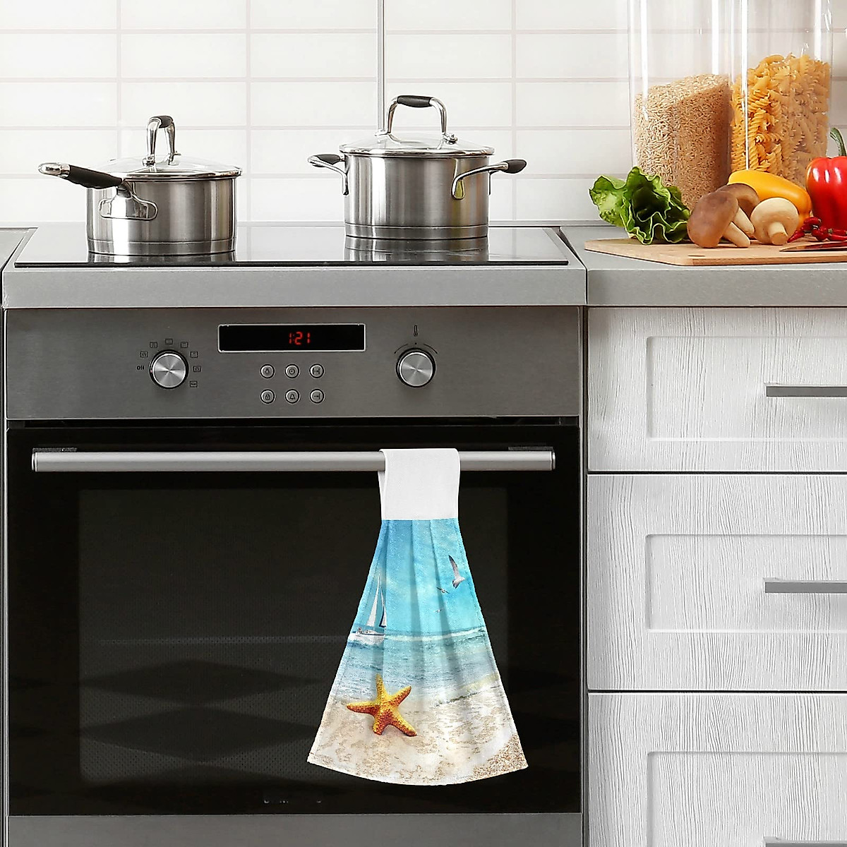 Kigai Sea Beach Starfish Kitchen Hanging Towels Set of 2, Absorbent Hand Tie Towels Tea Bar Dishcloths Dry Towels for Kitchen Bathroom Home Decor, 12 x 17 Inch