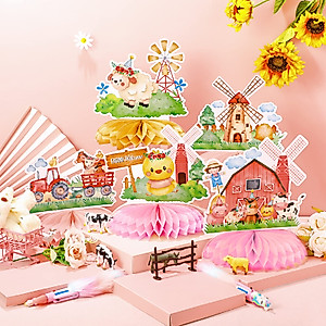 Amylove 10 Pcs Pink Farm Animals Party Supplies Girl Pink Barnyard Birthday Party Decorations Farm Animal Honeycomb Centerpiece for Table Birthday Baby Shower Party Decorations