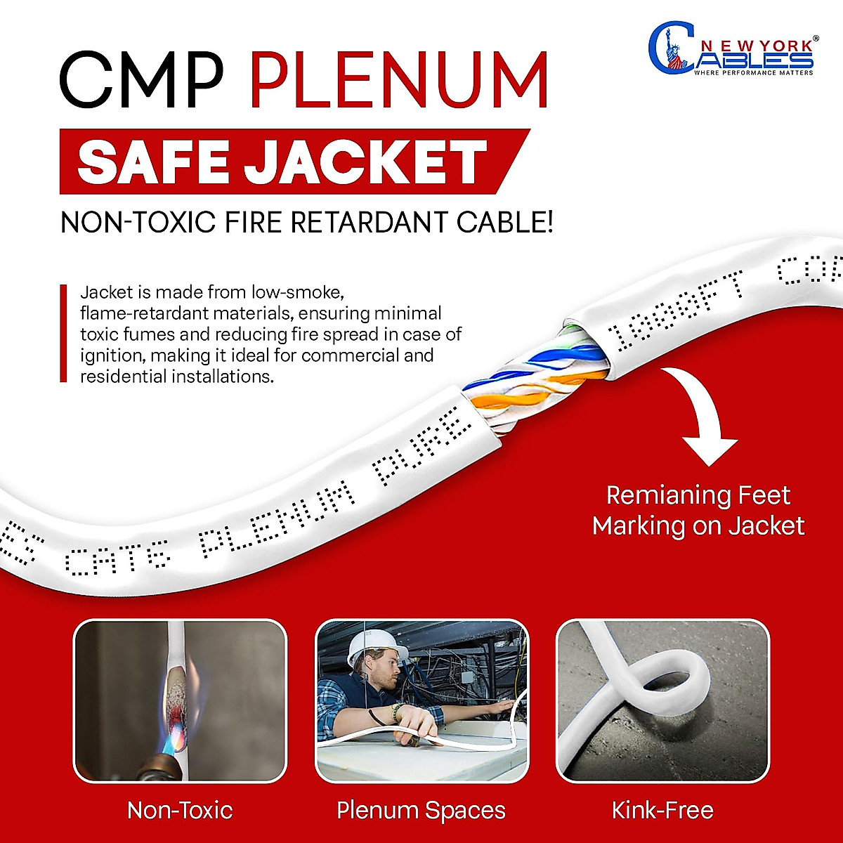 CAT6 Plenum (CMP) 1000ft Bulk Ethernet Cable | 100% Pure Solid Bare Copper | 550MHz, 23AWG, 4Pair UTP 10GB Internet Cable for Networking & Gaming (White)