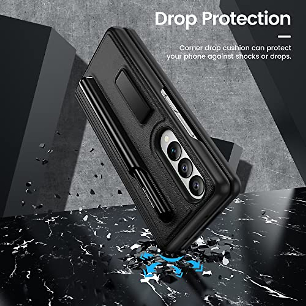 VEGO for Galaxy Z Fold 4 Case with S Pen Holder, Metal Kickstand Case with [Hinge Protection & Screen Protector], PU Leather Protective Case for Samsung Z Fold 4 5G 2022 New Released - Midnight Black