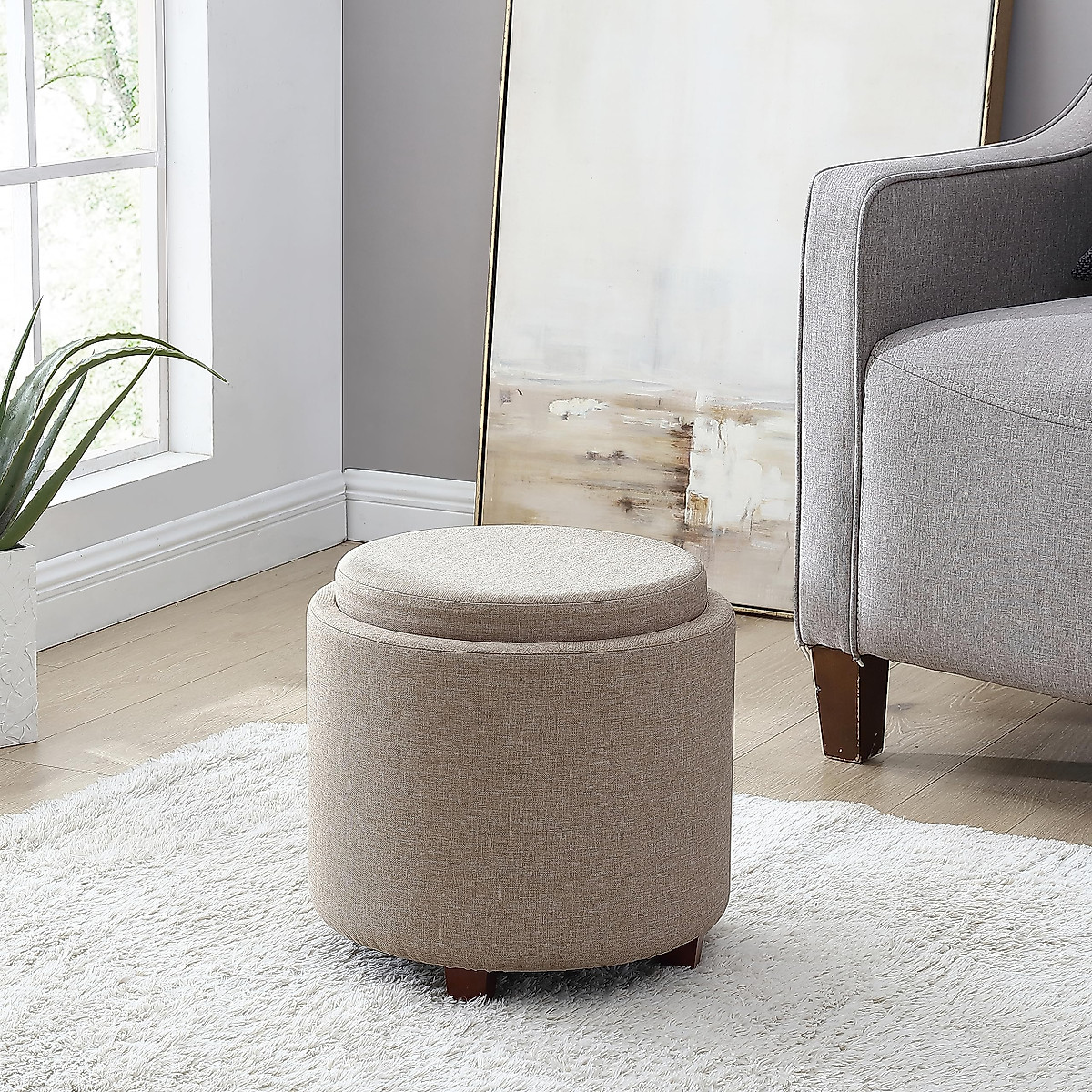 Ornavo Home Lawrence Round Storage Ottoman with Lift Off Lid and Tray Lid Coffee Table, Ottoman with Storage for Living Room, Bedroom and Office, Linen Beige