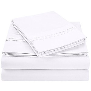 SUPERIOR 2-Line Bubble Embroidered Sheets, Luxurious Silky Soft, Light Weight, Wrinkle Free Brushed Microfiber, California King Size 4-Piece Sheet Set, White