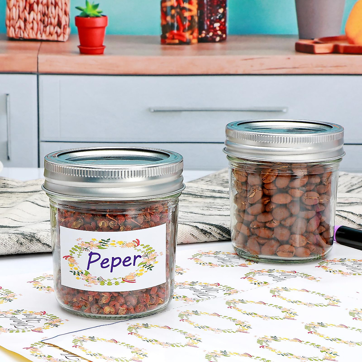 Datttcc Mason Jars Herb Canister, 6 OZ Glass Mason Jar with Regular Lids and Metal Divider, Rustic Country Style Storage Container for Bathroom, Kitchen, Living Room, Office,Set of 30