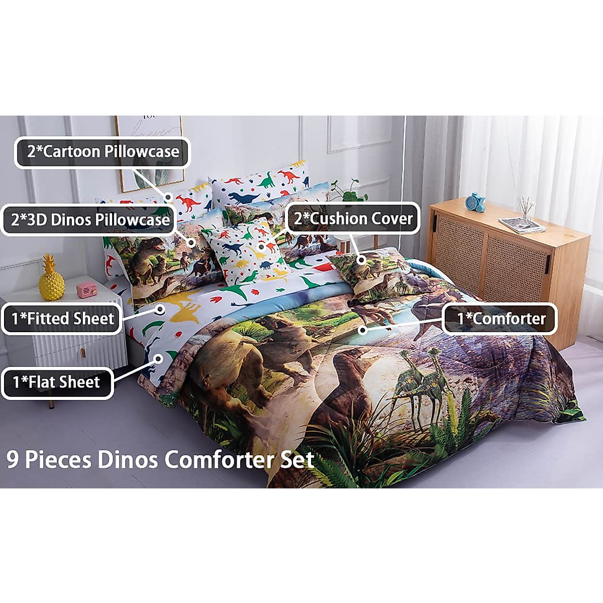 NiuOne Dinosaur Bedding Twin Comforter Set for Boys/Kids/Girls, Dinosaur Twin Bedding Set, 9 Piece Dinosaur Comforter Set Twin Size Bed in a Bag, Soft Microfiber Kids Summer Comforter Set Twin Size