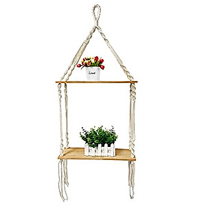 Misscrafts Macrame Hanging Shelves, 2-Tier Floating Shelf Rustic Wall Mounted Shelf Decor for Photo Frames Plants Boho Home Decor