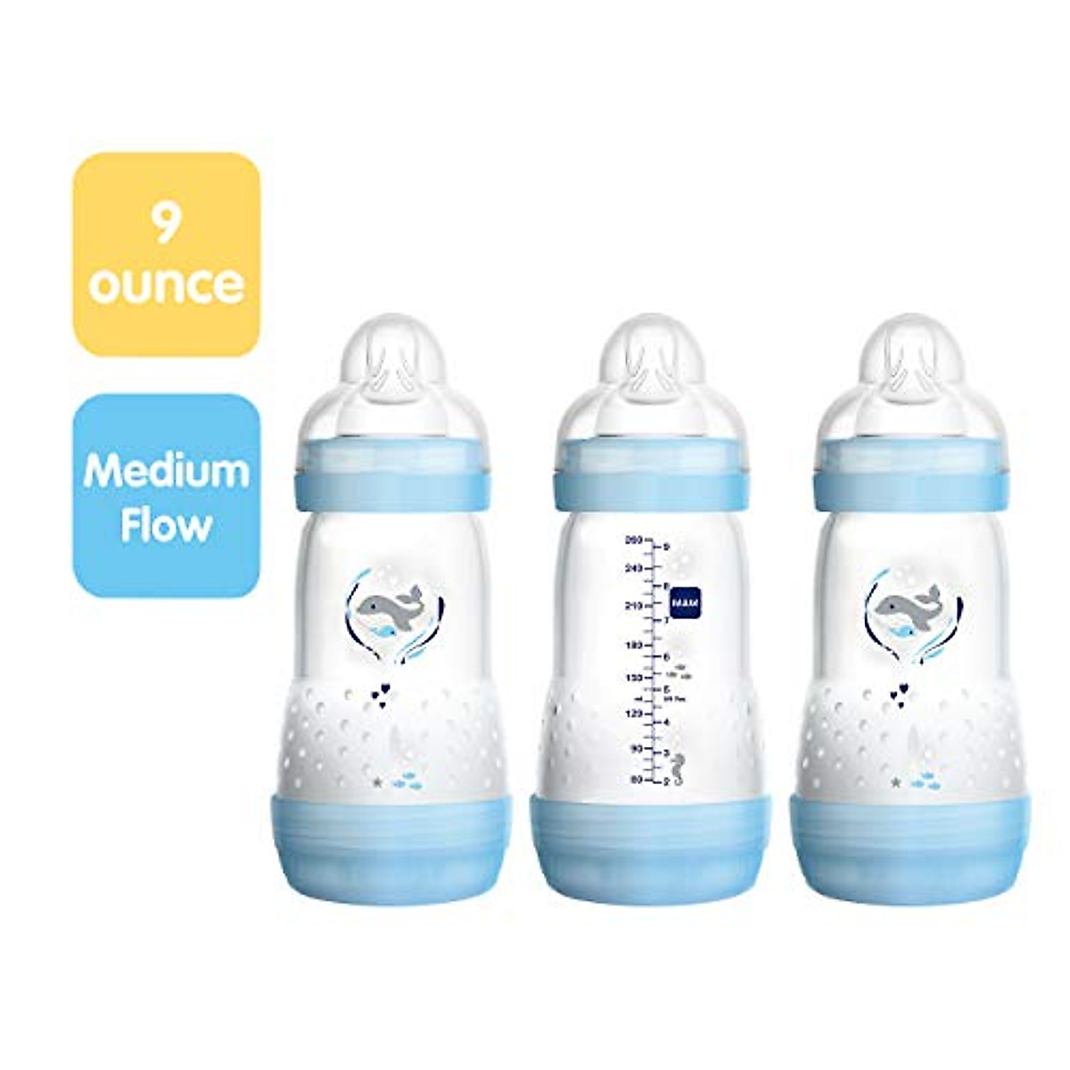 MAM Baby Bottles for Breastfed Babies, MAM Bottles, Anti Colic, Time for Love' Design Collection, Blue, 9 Ounces, 3-Count