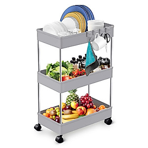 KPX Bathroom Rolling Storage Cart with Wheels Kitchen Utility Cart Casters Mobile Laundry Organizer Shelves for Room Organizers, Make Up, Home School, Dorm Room Office Essentials (3-Tier, Gray 1)