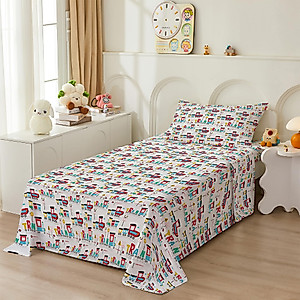 Bedmoon Boys Twin Sheets, Kids Train Bed Sheet Set with Non-Slip Fitted Sheet, Boys Soft Microfiber Twin Sheets & Pillowcases, Red Blue