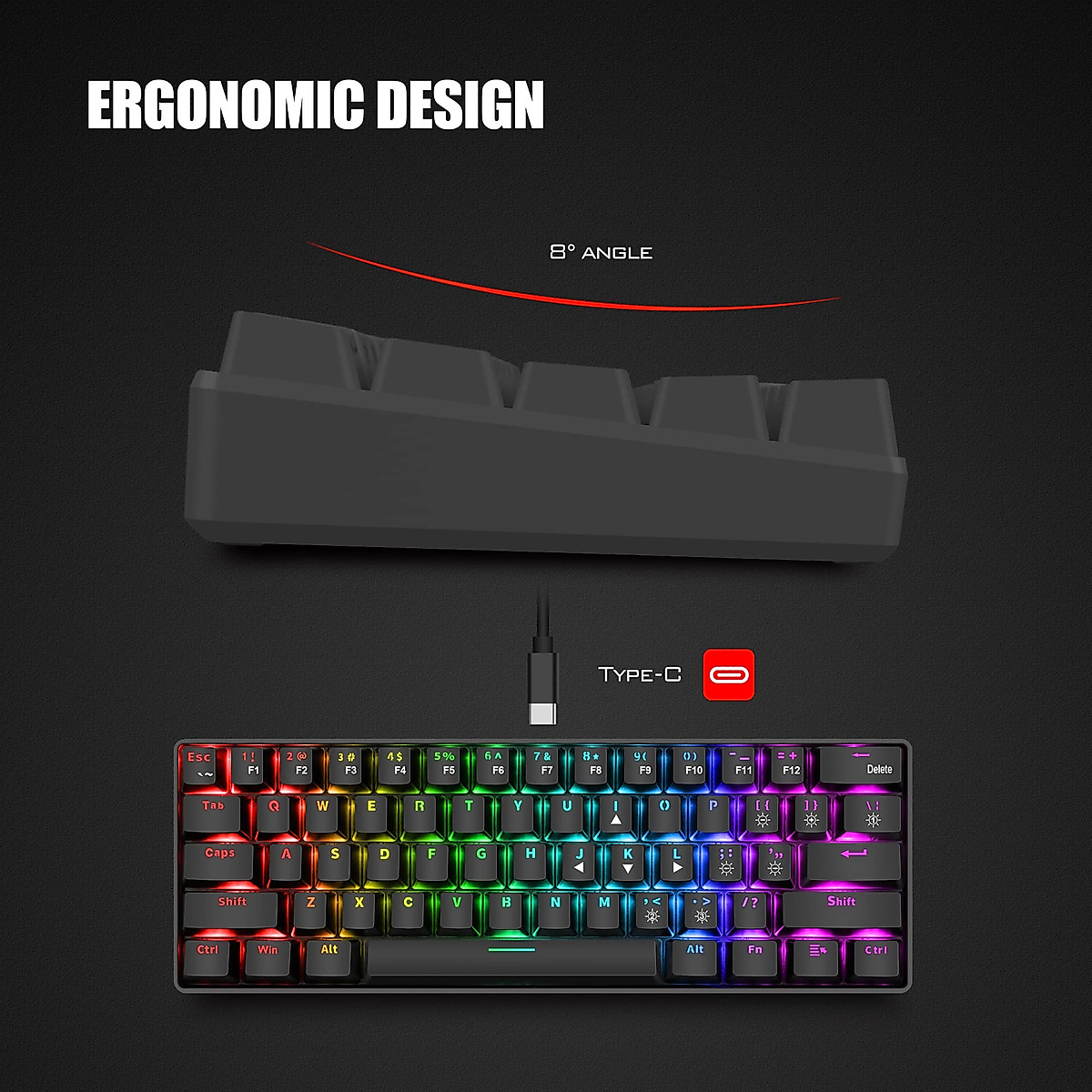 RedThunder 60% Wired Mechanical Gaming Keyboard, 61 Keys Ultra-Compact Keyboard, PBT Keycaps, RGB Backlight for PC (Brown Switch, Black)