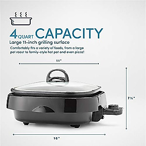 Aroma Housewares ASP-218B Grillet 4Qt. 3-in-1 Cool-Touch Electric Indoor Grill Portable, Dishwasher Safe, with Nonstick Pan & Tempered Glass Lid, Black