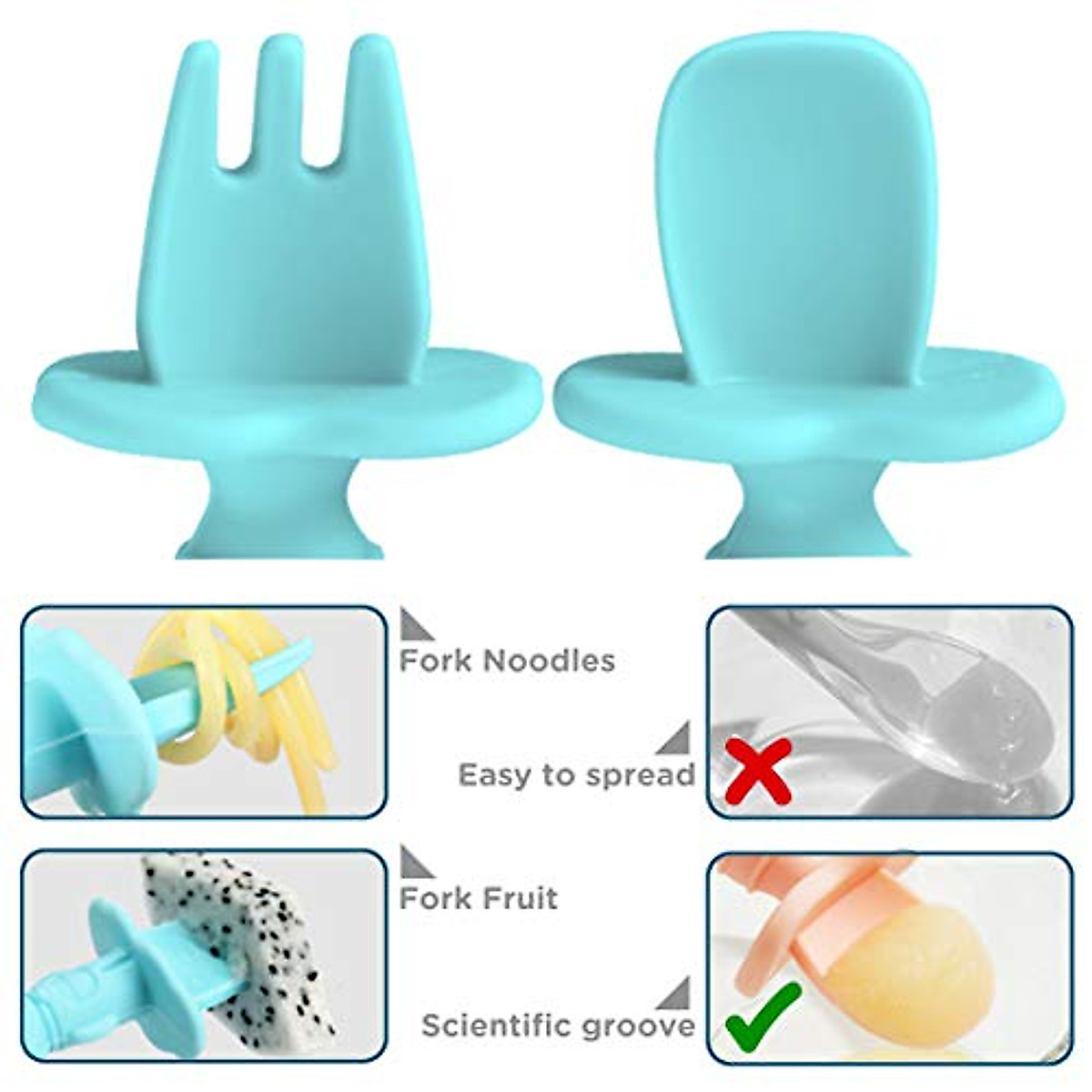 Baby Fork and Spoon Set, Silicone Self Feeding Utensil Easy Grip Toddler Cutlery Kit with Carry Case BPA-Free Anti-Choke for Infant Toddler Children First Led Training Weaning, 6-12 Month (Blue)
