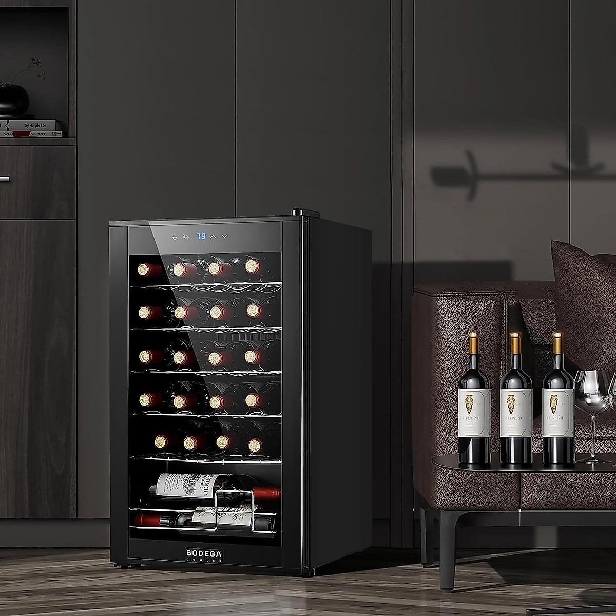 BODEGACOOLER 24 Bottle Mini Fridge for Bedroom, Compressor Wine Cooler Refrigerator for Home and Kitchen, Wine Cooler with Digital Temperature Control & Double-layer Glass Door for Wine, Champagne.