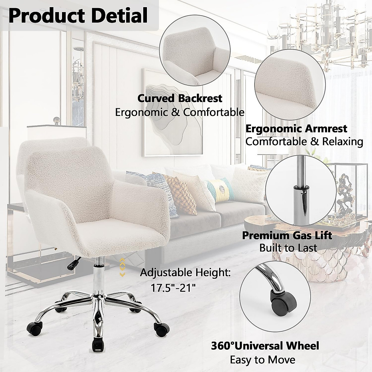 Modern Faux Fur Home Office Chair, Upholstered Faux Fur Makeup Vanity Chair, White Furry Cute Desk Chair with Wheels & Chrome Base, Ergonomic Adjustable Swivel Task Chair for Girls Women Bedroom Study