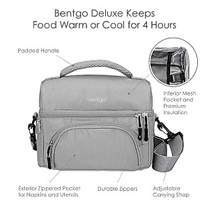 Bentgo Deluxe Lunch Bag - Durable and Insulated Lunch Tote with Zippered Outer Pocket, Internal Mesh Pocket, Padded & Adjustable Straps, & 2-Way Zippers - Fits Most Lunch Boxes (Gray)