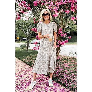 PRETTYGARDEN Women's Summer Casual Boho Dress Floral Print Ruffle Puff Short Sleeve Flowy Midi Beach Party Dresses (Apricot,Medium)