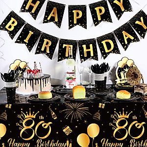 3 Pack 80th Birthday Decorations for Men 80th Birthday Tablecloth Disposable Plastic 80th Birthday Table Cover Rectangular Black and Gold Table Cloths for 80th Parties Decoration (80th)