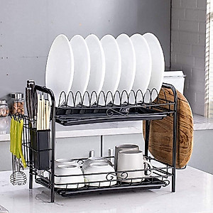 Plate Rack Dish Drainer Rack 2-Layer Chrome Kitchen Drainer Organizer with Utensil Holder/Drain Board/Cutting Board Bracket 2-Layers Pan Plate Holder (Color : Black, Size : 56x23x35cm)
