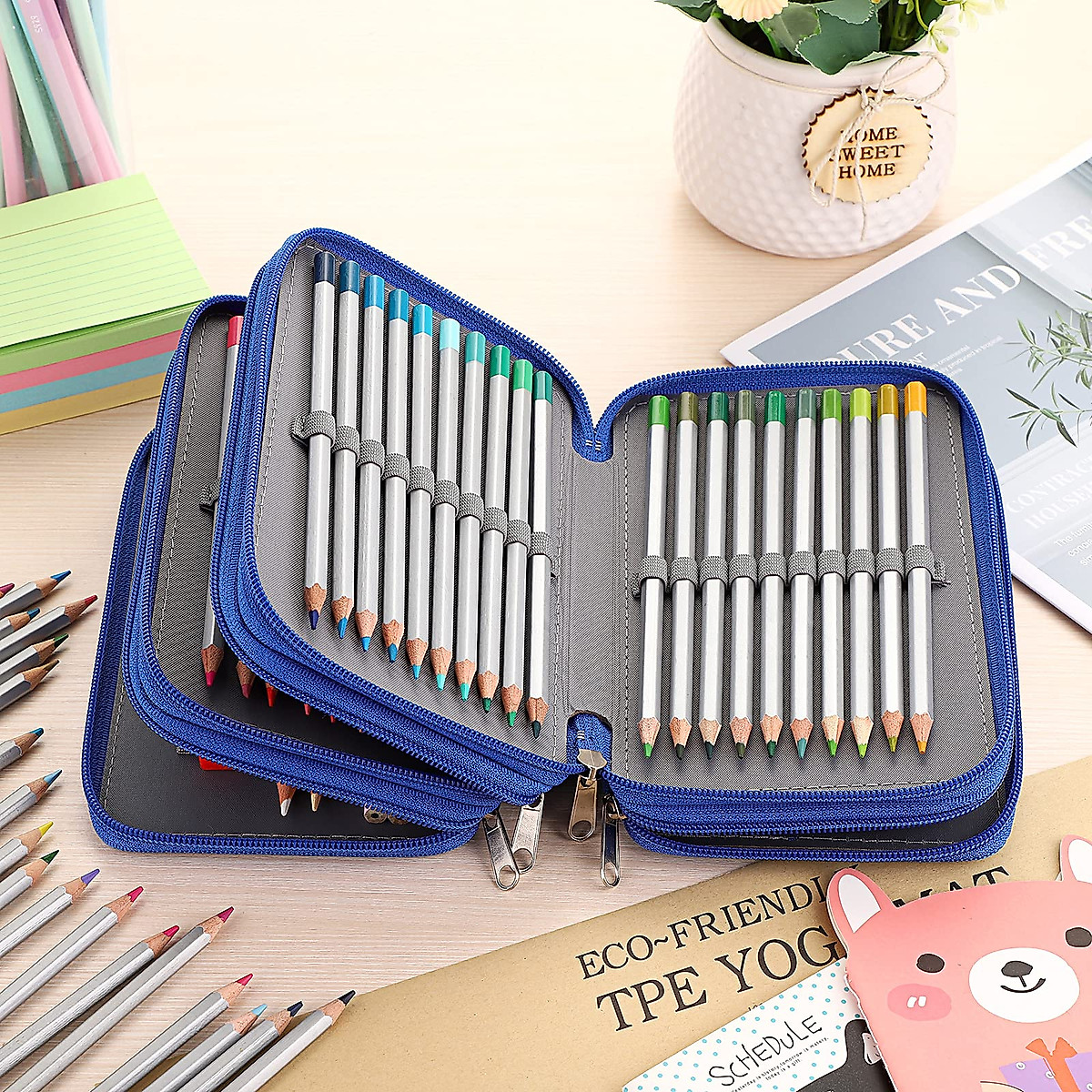 BTSKY® Handy Wareable Oxford Pencil Bag 72 Slots Pencil Organizer Portable Watercolor Pencil Wrap Case (Blue)