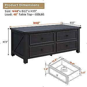 JXQTLINGMU 48” Farmhouse Coffee Table with 4 Large Storage Drawers, Modern Center Table with Barn Door for Living Room, Office, Rustic Rectangle Cocktail Table（Black）
