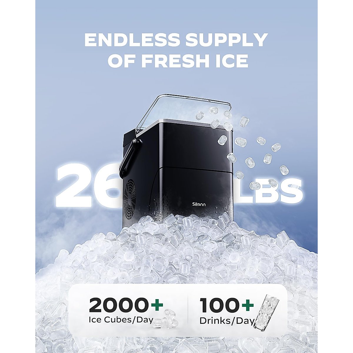 Silonn Countertop Ice Maker with Expanding Ice Basket, 9 Cubes in 6 Mins, 2.5L Ice Basket, Self-Cleaning Ice Maker with LED Touch Control, 2 Bullet Ice Sizes for Home, Kitchen, Office
