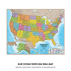 Waypoint Geographic Blue Ocean Series USA Wall Map, Laminated World Map Poster, Educational Wall Art For Home, Classroom, or Office, Unique Gifts, 48” x 38”