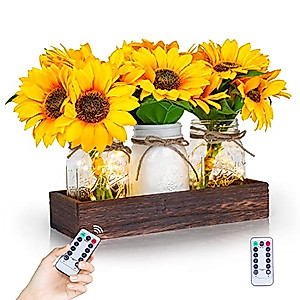 Waenerec Sunflower Mason Jar Dining Table Centerpiece with Lights Wood Tray Country Farmhouse Rustic Home Decor for Coffee Table Living Room Kitchen Garden Decorative Jars