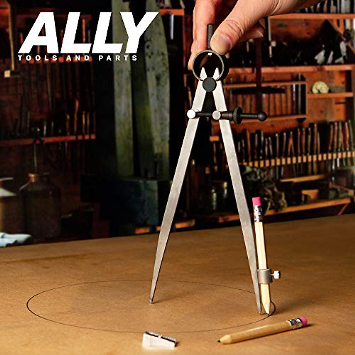 ALLY Tools 8 Inch Precision Locking Spring Divider/Woodworking Compass with Pencil Holder INCLUDES Two Pencils and Pencil Sharpener Ideal for Drawing, Drafting, Carpentry