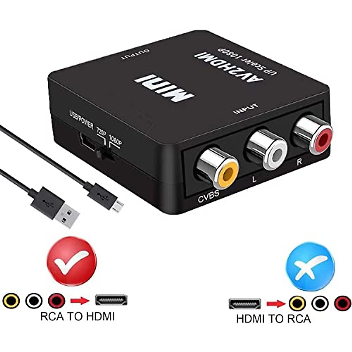 RCA to HDMI, AV to HDMI,Meekwds 1080P Mini RCA Composite CVBS AV to HDMI Video Audio Converter Supporting PAL/NTSC with USB Charge Cable for PC Laptop Xbox Wii PS2 PS4 PS3 TV STB VHS VCR Camera DVD