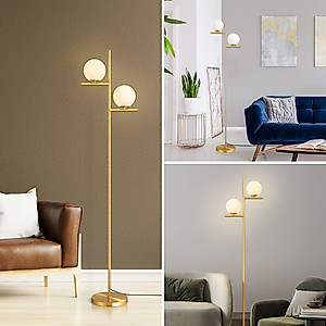 EDISHINE Dimmable Globe Floor Lamp, Mid Century Modern 2 Frosted Glass Globe Standing Lamps for Living Room, Stepless Dimming, Contemporary Brass Tall Pole Light for Bedroom, Study Room, Hotel-Gold