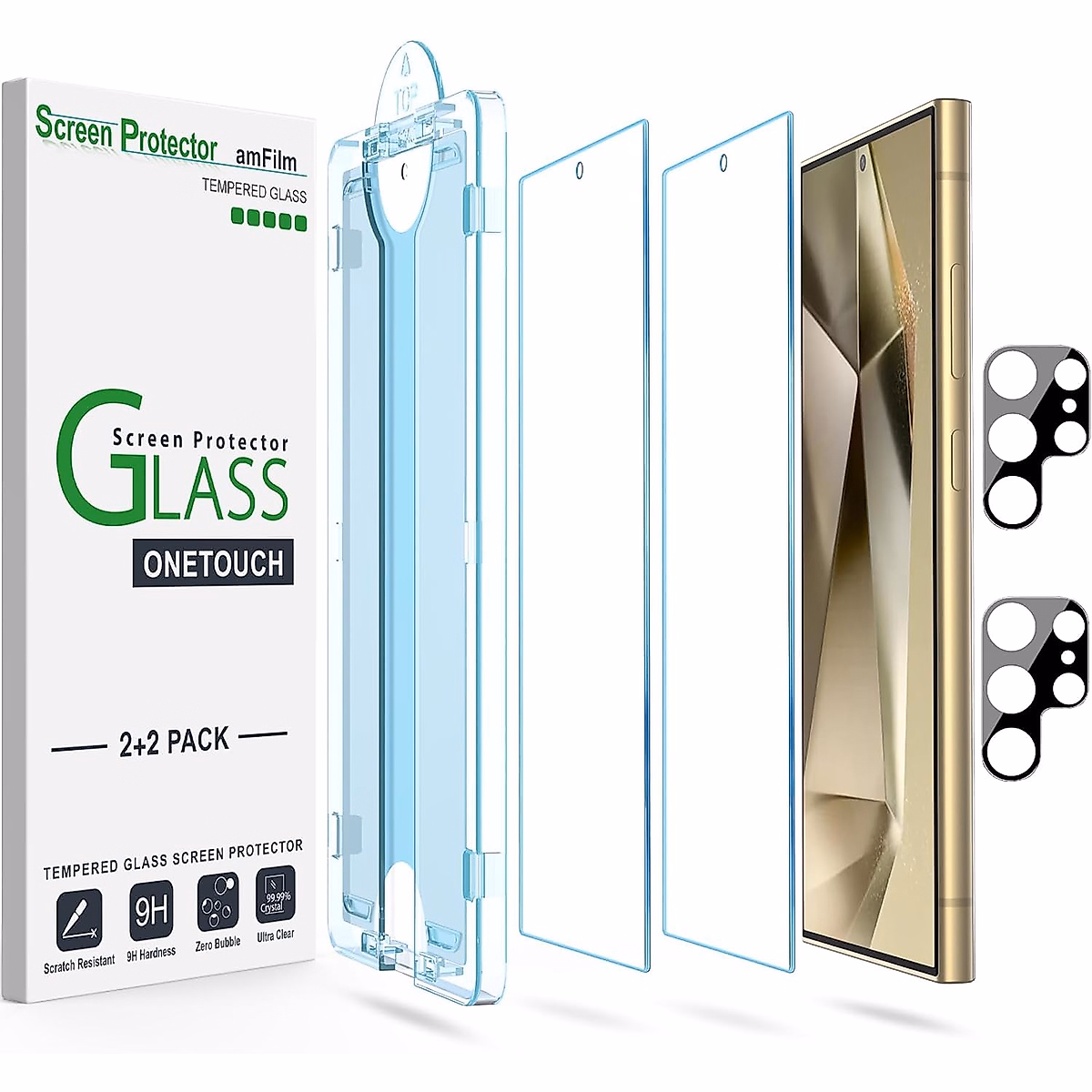 amFilm Auto-Alignment OneTouch for Samsung Galaxy S24 Ultra 6.8'' Screen Protector + Camera Lens Protector, Tempered Glass, 30 seconds Installation, Bubble Free, Case Friendly, Anti-Scratch [2+2 Pack]