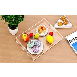 NIUBEE Clear Serving Tray 12x16 Inches -Spill Proof- Acrylic Decorative Tray Organiser for Ottoman Coffee Table Countertop with Handles