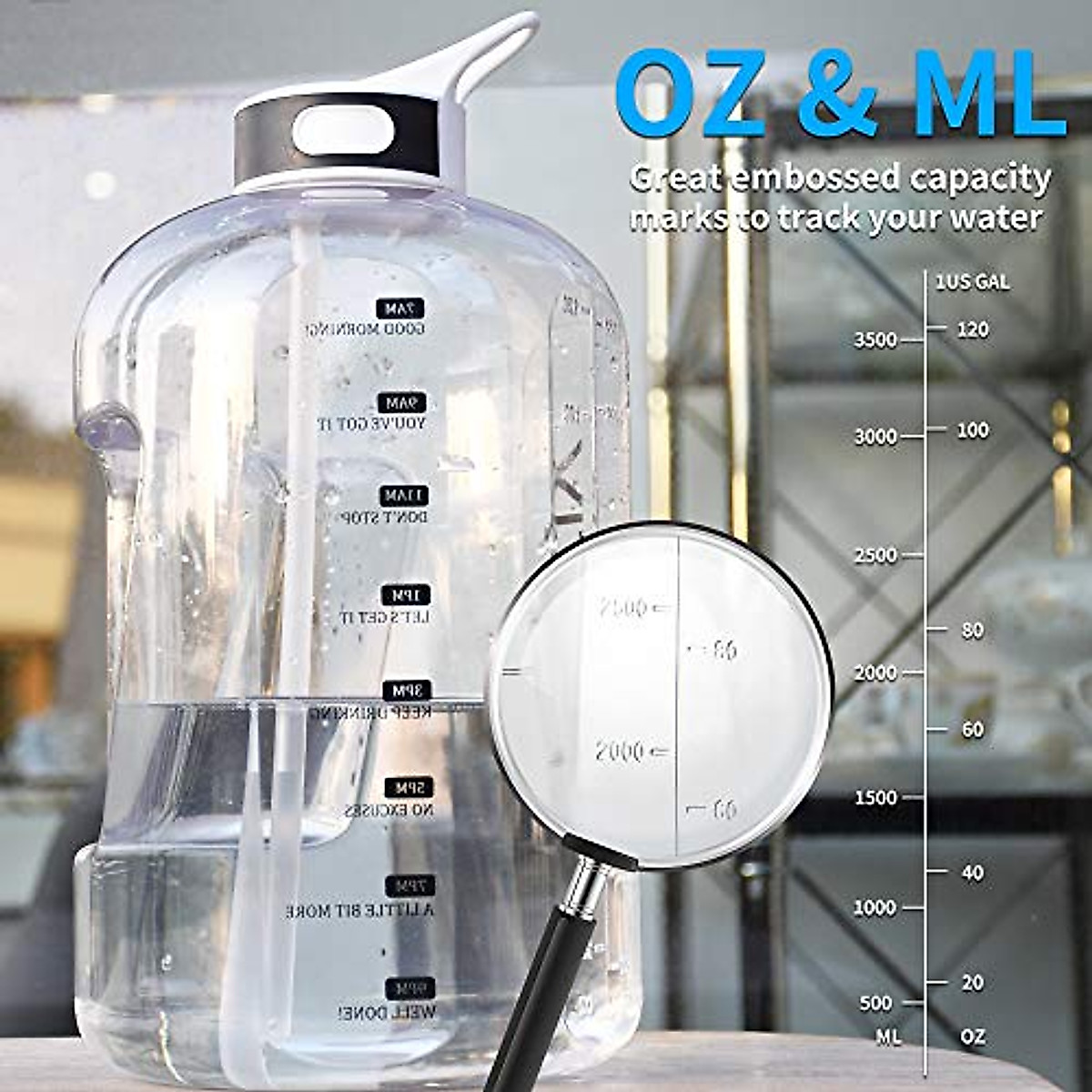128OZ/1 Gallon Motivational Water Bottle with Time Marker, Large Jug for Sports, Two Handles BPA Free (white)