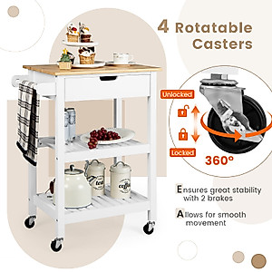 Giantex Kitchen Island Cart with Storage, Rolling Bamboo Kitchen Cart on Wheels, w/Pull-Out Drawer, Towel Handle, 2 Open Shelves, Mobile Coffee Bar Cart for Dining Room Living Room (White & Beige)