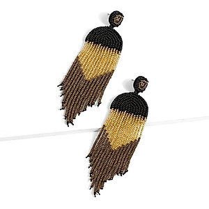 DoreenBow Long Beaded Tassel Earrings Boho Beaded Fringe Earrings Black Gold Bead Dangle Drop Earrings Native American Indian Earrings for Women and Girls