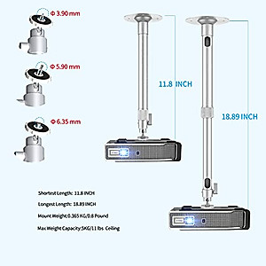 Tuimen Projector Mount, Projector Mount Drop Ceiling Extandable Length 11.8" - 18.89", Universal Projector Mount with Adjustable Projection Angle for DLP Projectors