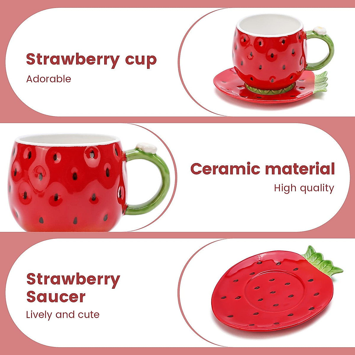 Noviko Ceramic Tea Cup and Saucer Coffee Mug Strawberry Coffee Cup with Saucer - 8 Ounce (Red)