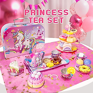 Unicorn Tea Party Set for Little Girls, Toddlers Princess Toy Tea Set, Pretend Play Teapot Dessert Tea Cup Set Food Kitchen Playset, Birthday Unicorn Gifts for 3 4 5 6 7 8 Year Old Girls