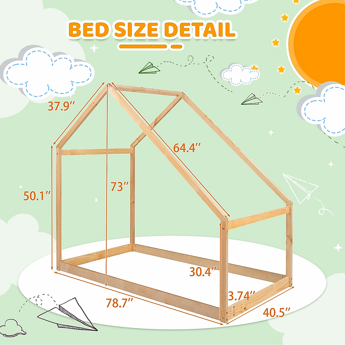 Merax Twin Bed Frames with Roof for Kids Girls Boys, Montessori Wooden House Shaped, Sturdy Framework, Easy Assembly, No Noise