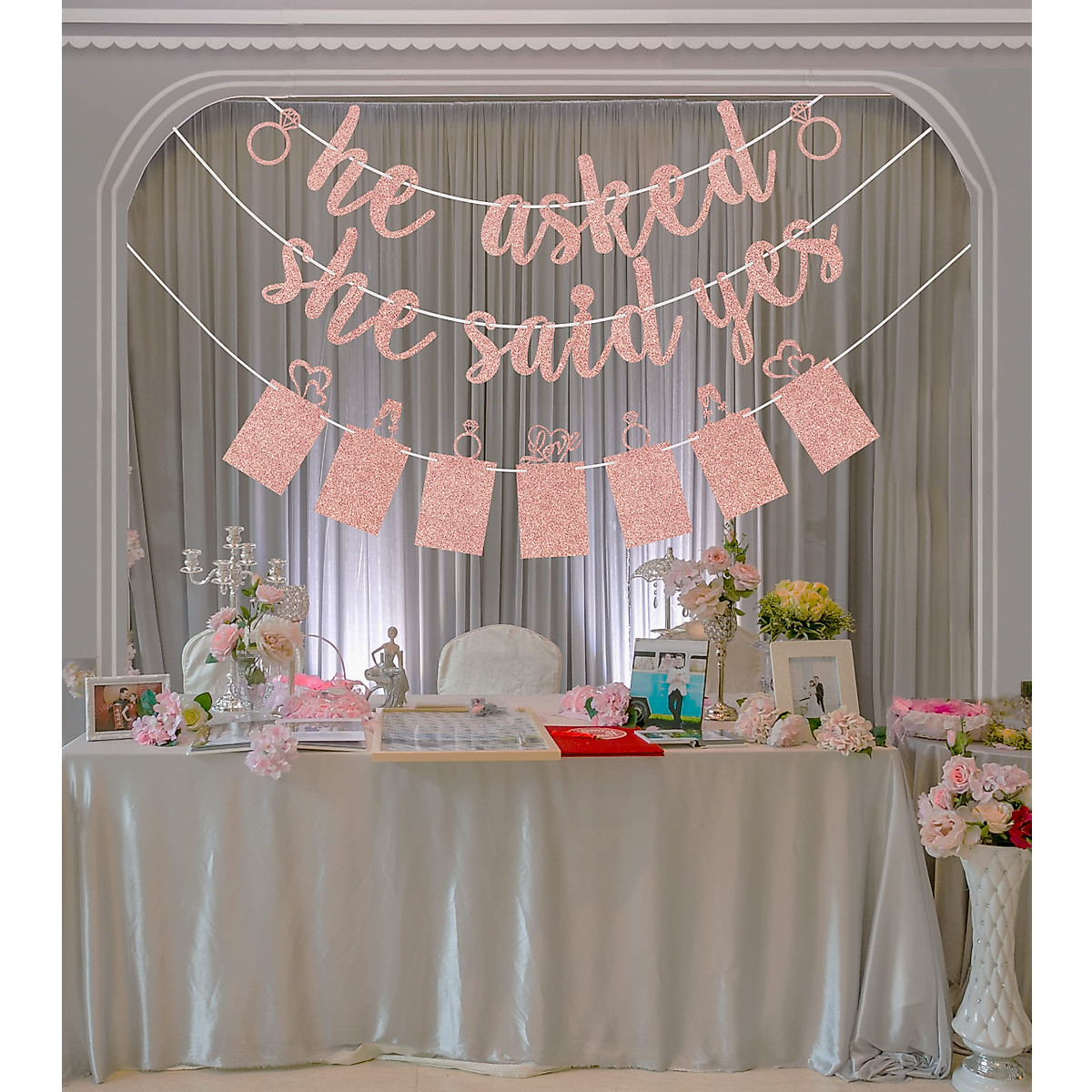 He Asked She Said Yes Banner, Engagement Banner and Photo Banner with Precious Memories, She Said Yes Decorations, Engagement Decorations, Engaged/wedding Party Decorations Rose Gold Glitter