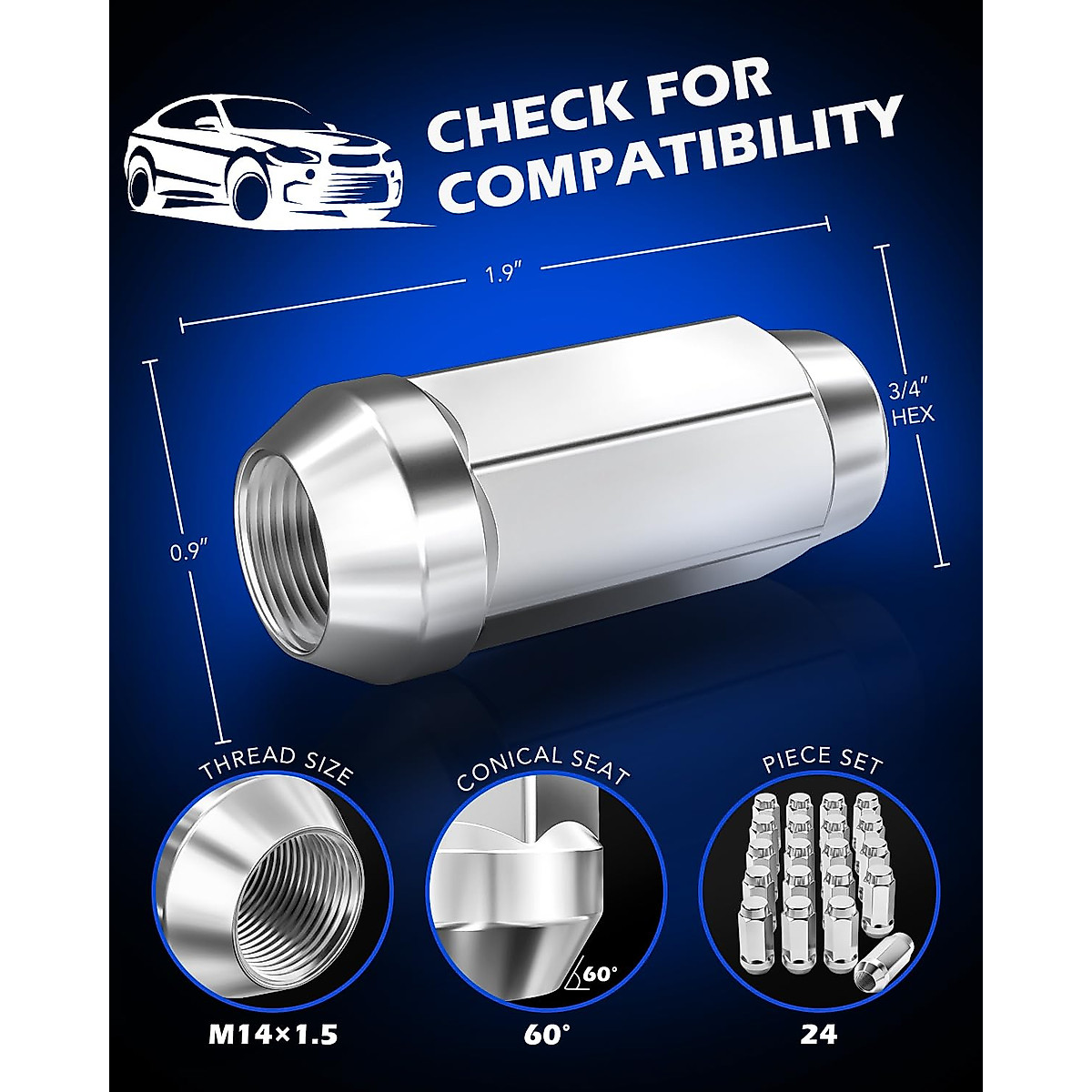 Orion Motor Tech M14x1.5 Lug Nuts with Cone Seat, 3/4" 19mm Hex 1.9x0.87 in. Chrome Plated Wheel Lug Nuts Compatible with Chevrolet Silverado Suburban 1500 Ford Expedition F-150 Ram 1500, Set of 24