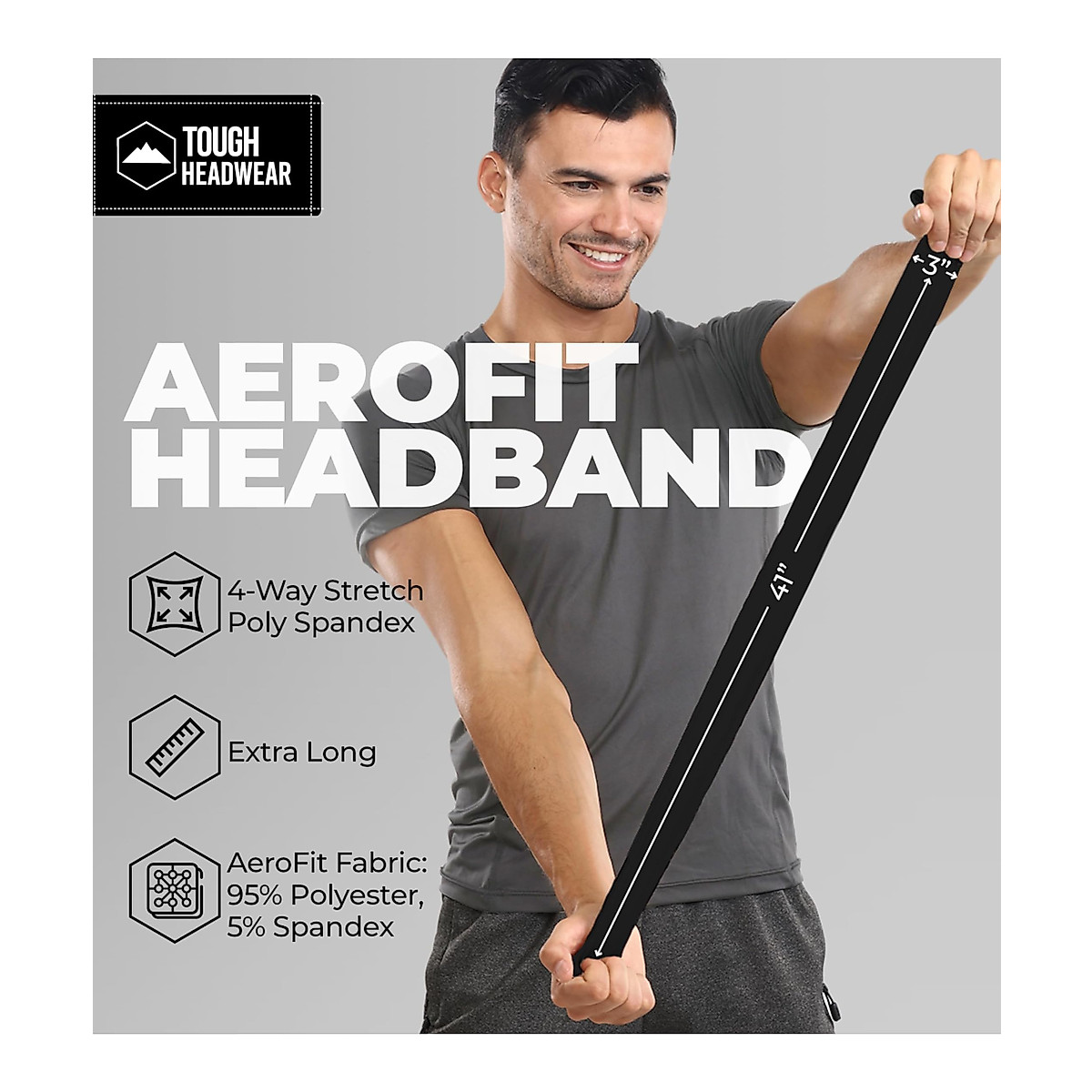 Tough Headwear Tie Headband for Men - Tennis Headband for Women, Sweat Band for Workout, Running, Football, Basketball, Athletics - Midnight Black