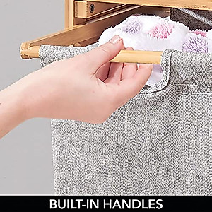 mDesign Freestanding Bamboo 2 Section Double Laundry Organizer Hamper with Removable Storage Sorter Bags, Space-Saving Basket Duo with Handles for Clothes/Linens - Echo Collection - Natural/Tan