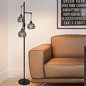 Stepeak Dimmable Crystal Floor Lamp, Industrial Farmhouse Floor Lamps for Living Room, 3-Light Black Standing Lamp for Bedroom, Modern Floor Lamp with 3 Lampshades, Rustic Tall Tree Lamp, 64inch, E26