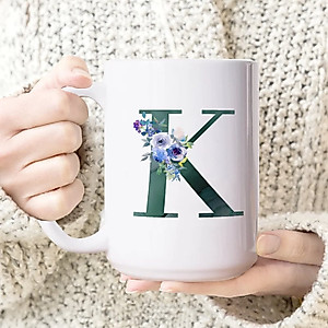 Christmas Funny White Ceramic Coffee Mug 15oz Blue Floral Green Initial Letter K Monogram Alphabet Coffee Cup Humorous Tea Milk Juice Mug Novelty Gifts for Xmas Colleagues Girl Boy